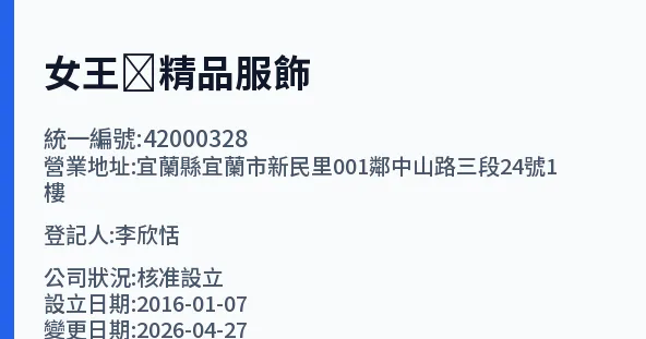 女王様精品服飾的照片-統編 42000328(宜蘭縣) 公司登記資料與營業項目詳細圖表