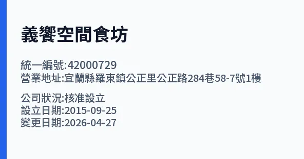 義饗空間食坊的照片-統編 42000729(宜蘭縣) 公司登記資料與營業項目詳細圖表