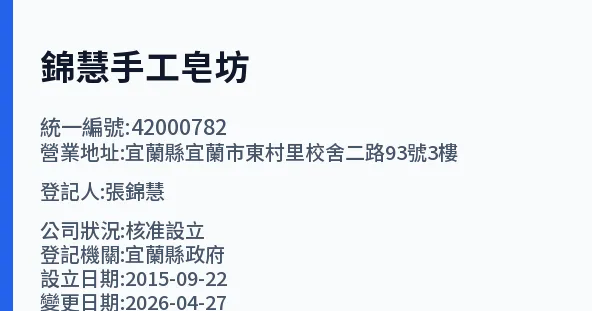 錦慧手工皂坊的照片-統編 42000782(宜蘭縣) 公司登記資料與營業項目詳細圖表