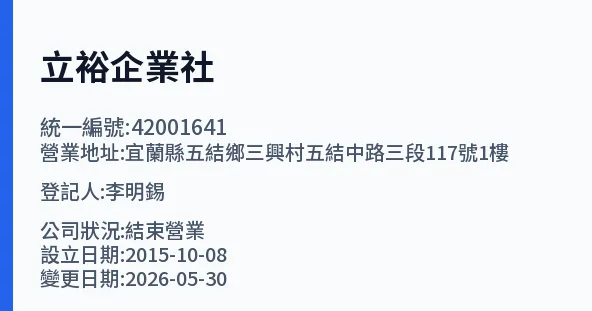 立裕企業社的照片-統編 42001641(宜蘭縣) 公司登記資料與營業項目詳細圖表