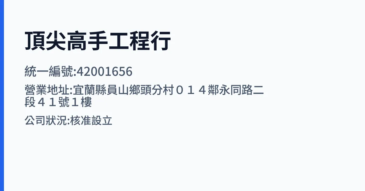 頂尖高手工程行 - 統編 42001656(宜蘭縣) 公司登記資料與營業項目詳細圖表