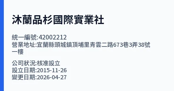 沐蘭品杉國際實業社的照片-統編 42002212(宜蘭縣) 公司登記資料與營業項目詳細圖表