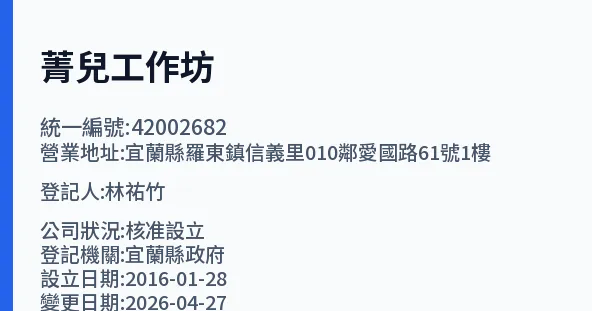 菁兒工作坊的照片-統編 42002682(宜蘭縣) 公司登記資料與營業項目詳細圖表