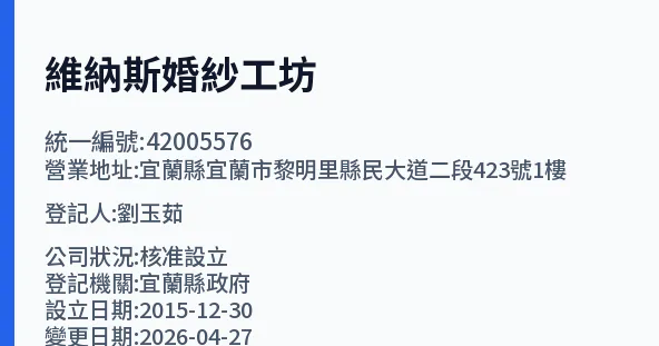維納斯婚紗工坊的照片-統編 42005576(宜蘭縣) 公司登記資料與營業項目詳細圖表