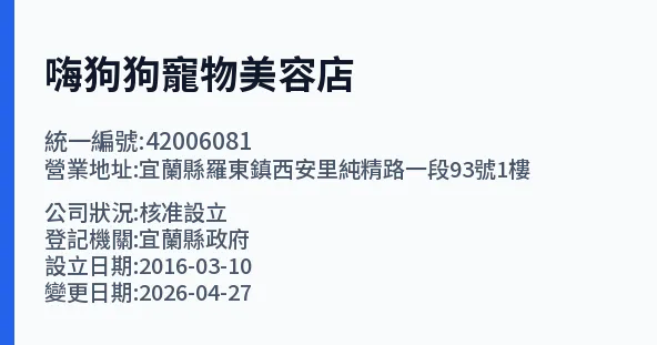 嗨狗狗寵物美容店的照片-統編 42006081(宜蘭縣) 公司登記資料與營業項目詳細圖表