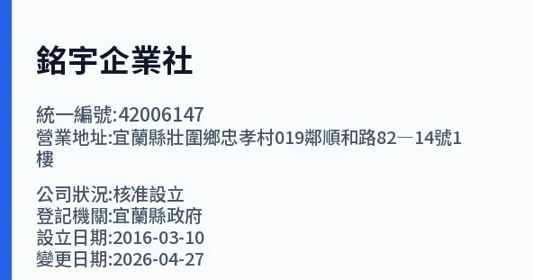 銘宇企業社的照片-統編 42006147(宜蘭縣) 公司登記資料與營業項目詳細圖表