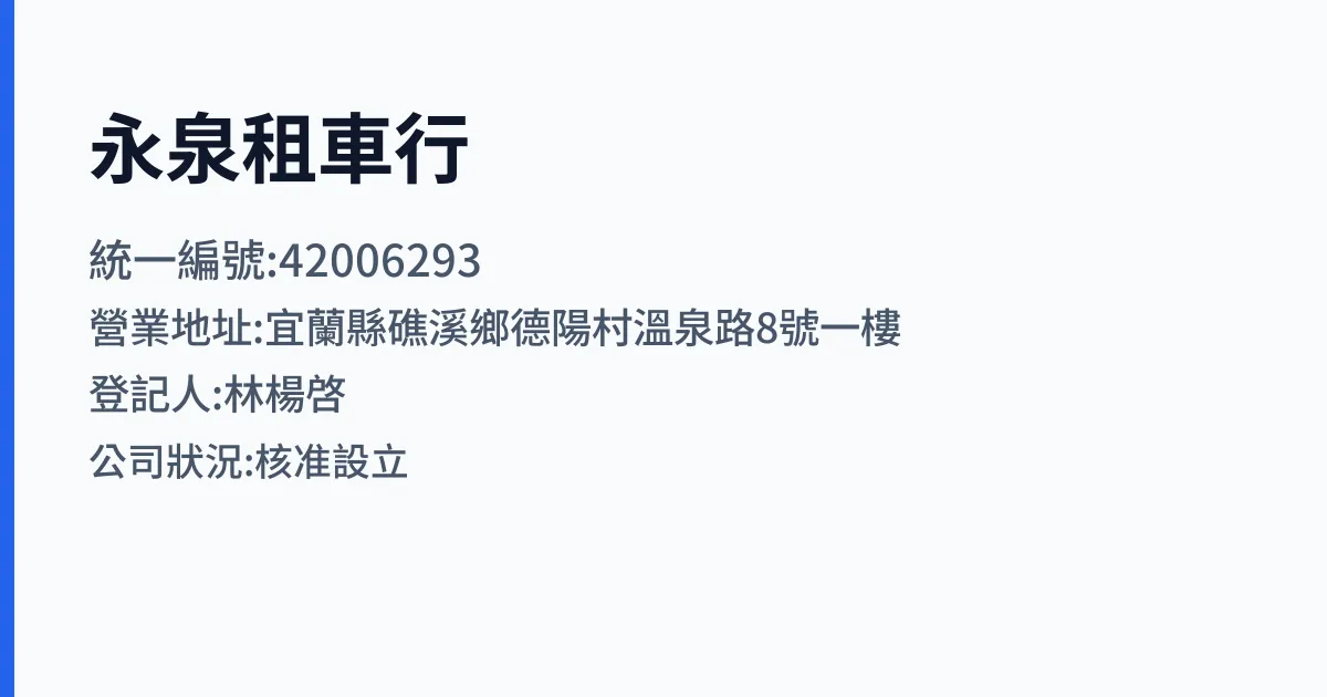 永泉租車行 - 統編 42006293（宜蘭縣） 公司登記資料與營業項目詳細圖表