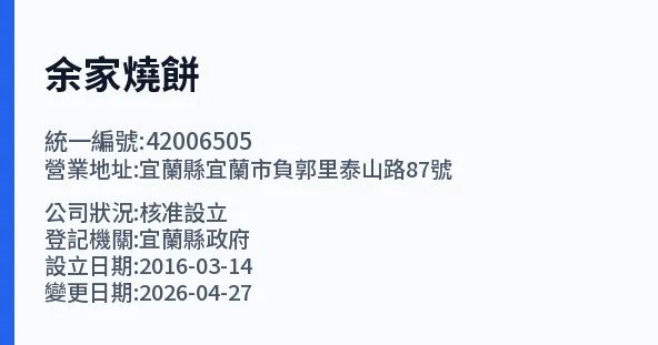 余家燒餅的照片-統編 42006505(宜蘭縣) 公司登記資料與營業項目詳細圖表