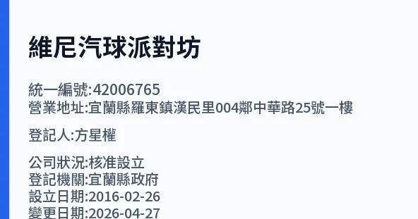 維尼汽球派對坊的照片-統編 42006765(宜蘭縣) 公司登記資料與營業項目詳細圖表