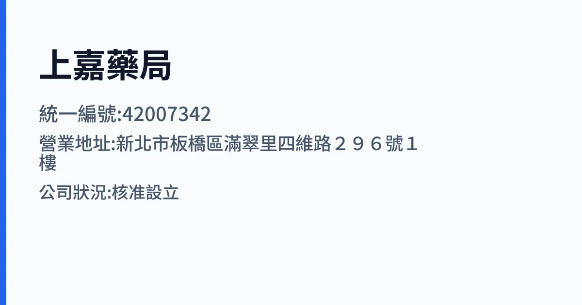 上嘉藥局 - 統編 42007342(新北市) 公司登記資料與營業項目詳細圖表