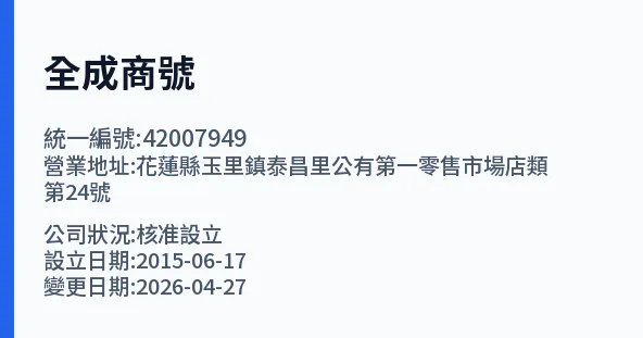 全成商號的照片-統編 42007949(花蓮縣) 公司登記資料與營業項目詳細圖表