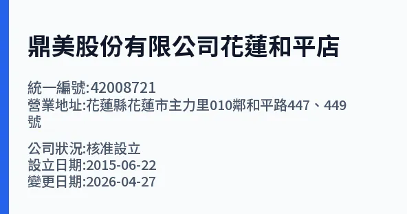 鼎美股份有限公司花蓮和平店的照片-統編 42008721(花蓮縣) 公司登記資料與營業項目詳細圖表