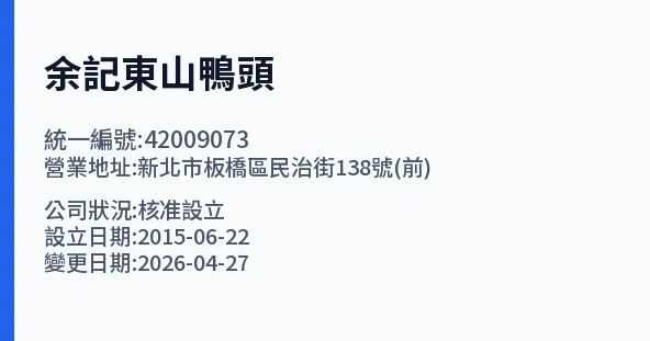 余記東山鴨頭的照片-統編 42009073(新北市) 公司登記資料與營業項目詳細圖表