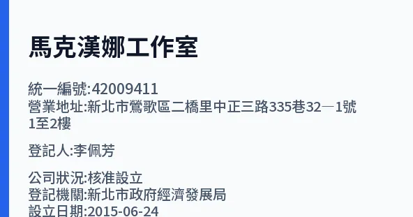 馬克漢娜工作室的照片-統編 42009411(新北市) 公司登記資料與營業項目詳細圖表