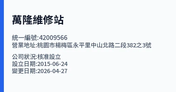 萬隆維修站的照片-統編 42009566(桃園市) 公司登記資料與營業項目詳細圖表