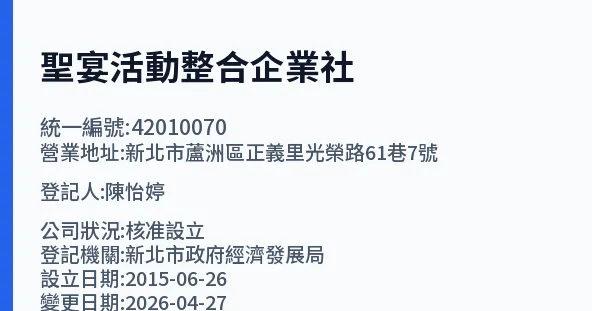 聖宴活動整合企業社的照片-統編 42010070(新北市) 公司登記資料與營業項目詳細圖表