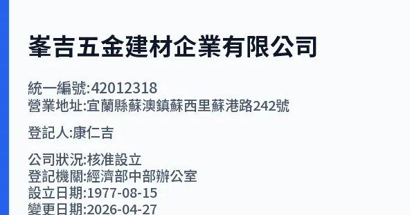 峯吉五金建材企業有限公司的照片-統編 42012318(宜蘭縣) 公司登記資料與營業項目詳細圖表