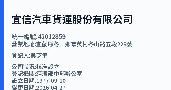 宜信汽車貨運股份有限公司的照片-統編 42012859(宜蘭縣) 公司登記資料與營業項目詳細圖表