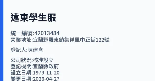 遠東學生服的照片-統編 42013484(宜蘭縣) 公司登記資料與營業項目詳細圖表