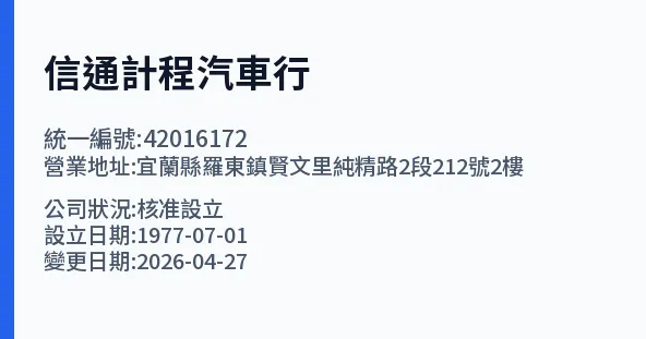 信通計程汽車行的照片-統編 42016172(宜蘭縣) 公司登記資料與營業項目詳細圖表