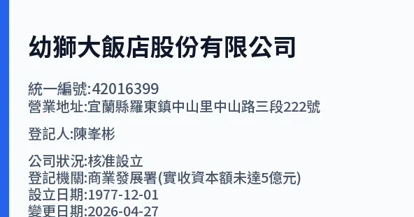 幼獅大飯店股份有限公司的照片-統編 42016399(宜蘭縣) 公司登記資料與營業項目詳細圖表