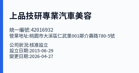 上品技研專業汽車美容的照片-統編 42016932(桃園市) 公司登記資料與營業項目詳細圖表