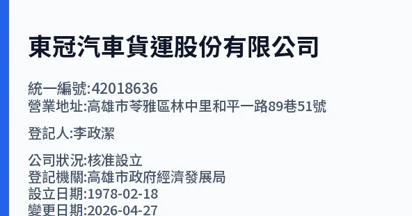 東冠汽車貨運股份有限公司的照片-統編 42018636(高雄市) 公司登記資料與營業項目詳細圖表
