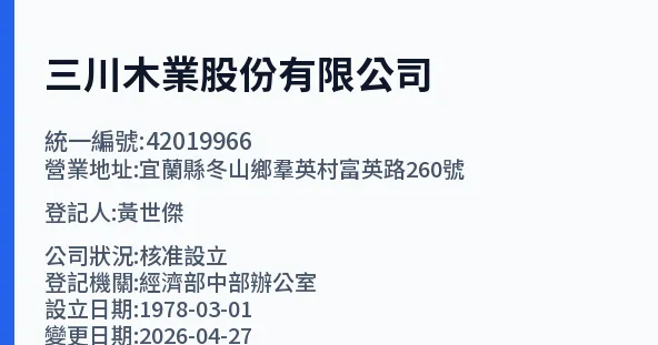 三川木業股份有限公司的照片-統編 42019966(宜蘭縣) 公司登記資料與營業項目詳細圖表