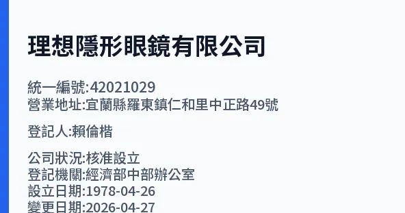 理想隱形眼鏡有限公司的照片-統編 42021029(宜蘭縣) 公司登記資料與營業項目詳細圖表