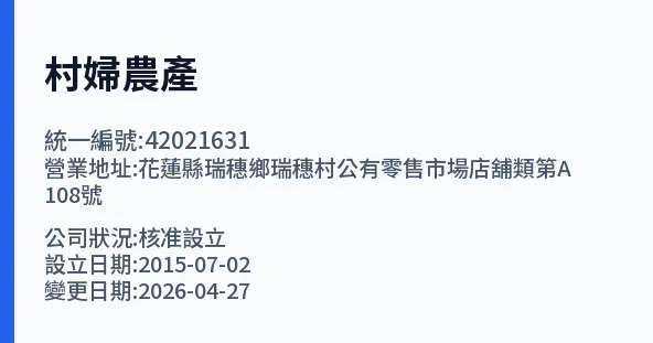 村婦農產的照片-統編 42021631(花蓮縣) 公司登記資料與營業項目詳細圖表