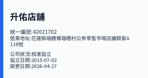 升佑店舖的照片-統編 42021702(花蓮縣) 公司登記資料與營業項目詳細圖表