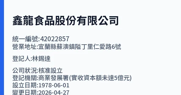 鑫龍食品股份有限公司的照片-統編 42022857(宜蘭縣) 公司登記資料與營業項目詳細圖表