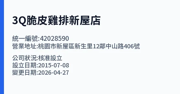 3Q脆皮雞排新屋店的照片-統編 42028590(桃園市) 公司登記資料與營業項目詳細圖表