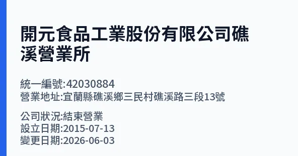 開元食品工業股份有限公司礁溪營業所的照片-統編 42030884(宜蘭縣) 公司登記資料與營業項目詳細圖表