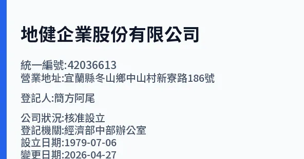 地健企業股份有限公司的照片-統編 42036613(宜蘭縣) 公司登記資料與營業項目詳細圖表