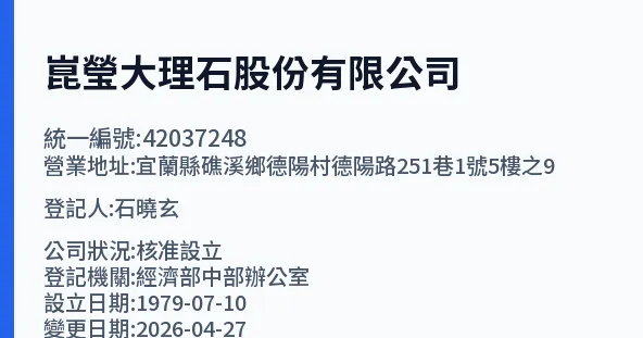 崑瑩大理石股份有限公司的照片-統編 42037248(宜蘭縣) 公司登記資料與營業項目詳細圖表