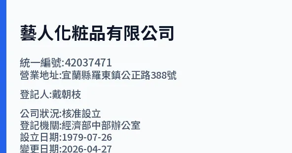 藝人化粧品有限公司的照片-統編 42037471(宜蘭縣) 公司登記資料與營業項目詳細圖表