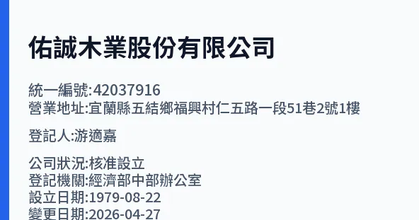 佑誠木業股份有限公司的照片-統編 42037916(宜蘭縣) 公司登記資料與營業項目詳細圖表