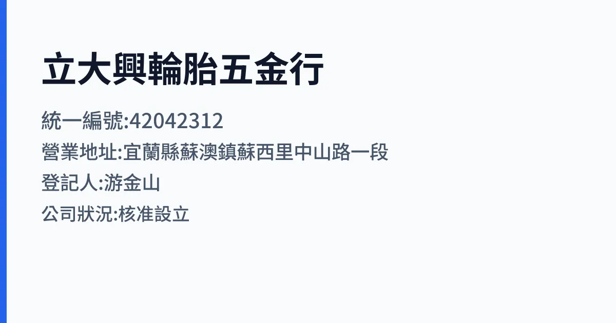 立大興輪胎五金行 - 統編 42042312(宜蘭縣) 公司登記資料與營業項目詳細圖表