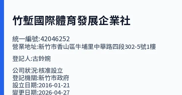 竹塹國際體育發展企業社的照片-統編 42046252(新竹市) 公司登記資料與營業項目詳細圖表
