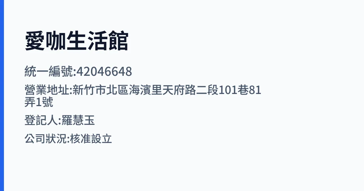 愛咖生活館 - 統編 42046648(新竹市) 公司登記資料與營業項目詳細圖表