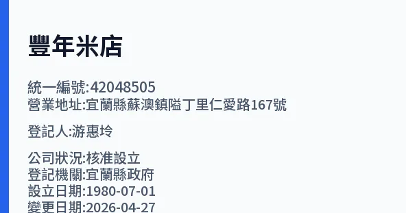豐年米店的照片-統編 42048505(宜蘭縣) 公司登記資料與營業項目詳細圖表
