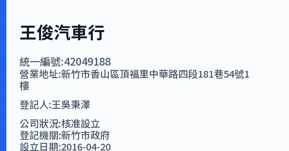 王俊汽車行的照片-統編 42049188(新竹市) 公司登記資料與營業項目詳細圖表