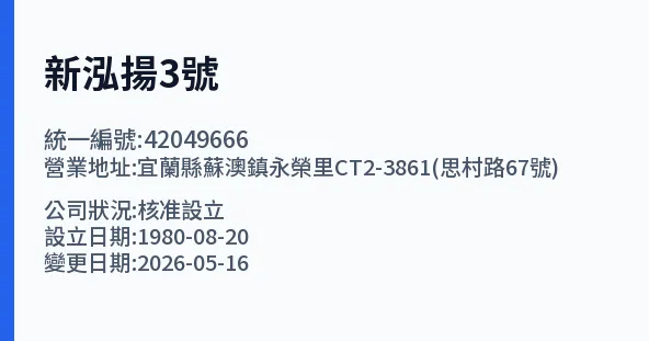 新泓揚3號的照片-統編 42049666(宜蘭縣) 公司登記資料與營業項目詳細圖表
