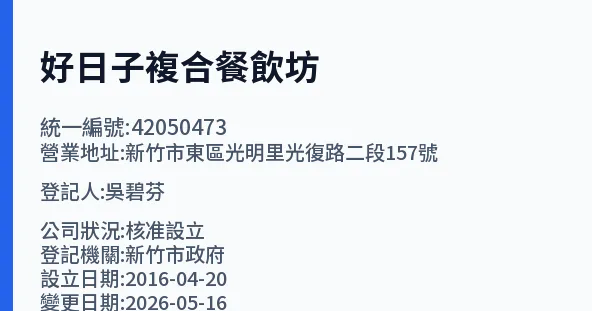 好日子複合餐飲坊的照片-統編 42050473(新竹市) 公司登記資料與營業項目詳細圖表