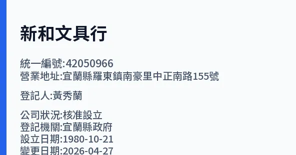 新和文具行的照片-統編 42050966(宜蘭縣) 公司登記資料與營業項目詳細圖表