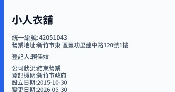 小人衣舖的照片-統編 42051043(新竹市) 公司登記資料與營業項目詳細圖表