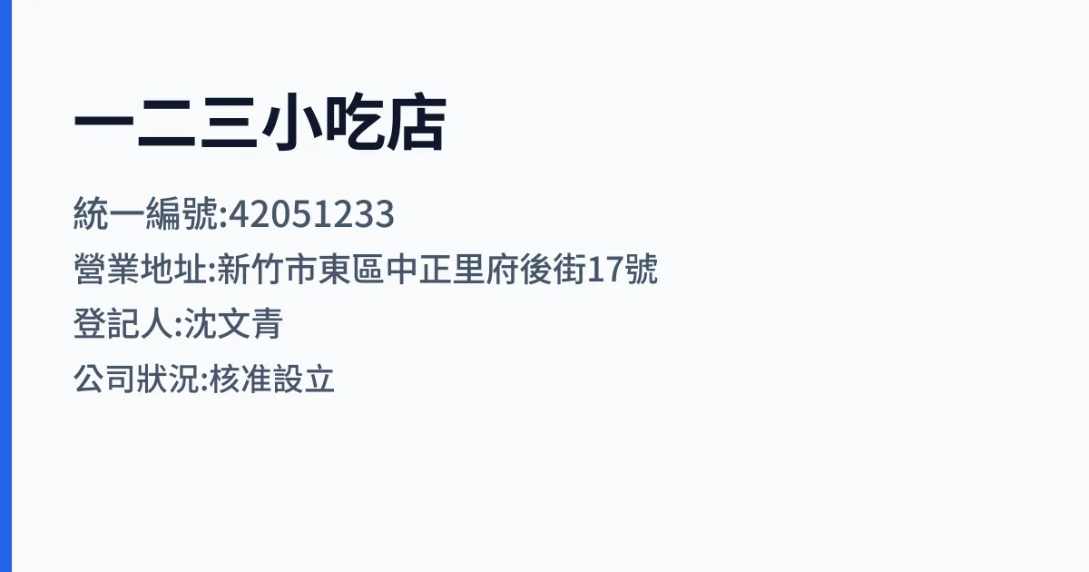 一二三小吃店 - 統編 42051233(新竹市) 公司登記資料與營業項目詳細圖表