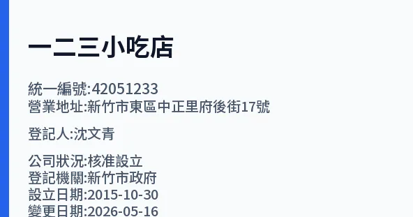 一二三小吃店的照片-統編 42051233(新竹市) 公司登記資料與營業項目詳細圖表