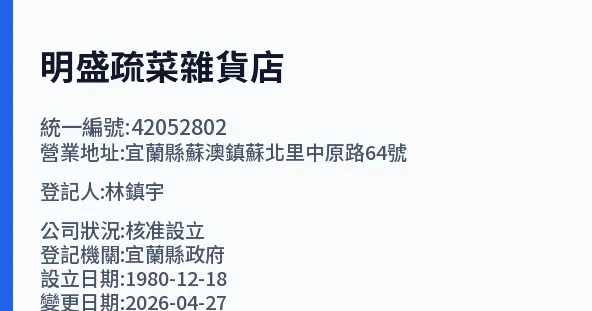 明盛疏菜雜貨店的照片-統編 42052802(宜蘭縣) 公司登記資料與營業項目詳細圖表